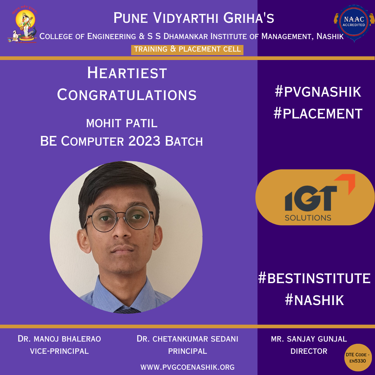 Heartiest congratulations – Mohit Patil got Placed in IGT Solutions – PVG’s College of ...