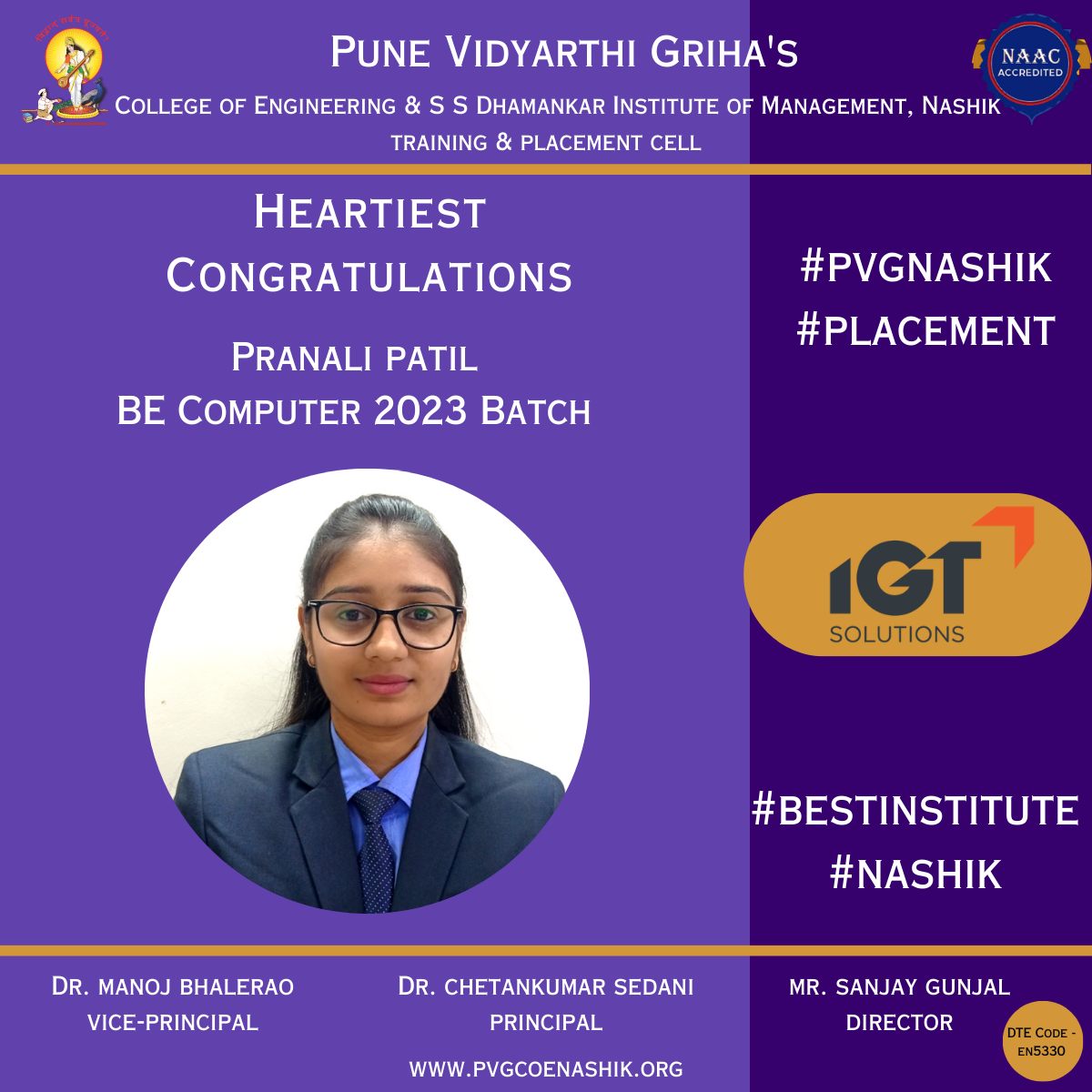 Heartiest congratulations – Pranali Patil got Placed in IGT – PVG’s ...